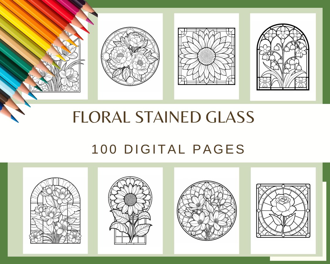 Floral Stained Glass Coloring Pages: 100 JPG FILES A4 Size Printable ...