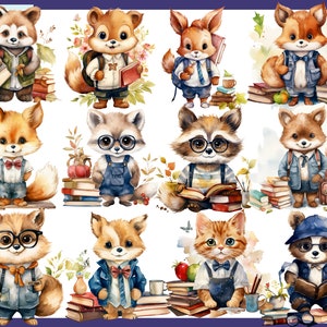 ANIMALS AT SCHOOL - 100 Watercolor Clip Arts (png, 300 Dpi, Notebook ...
