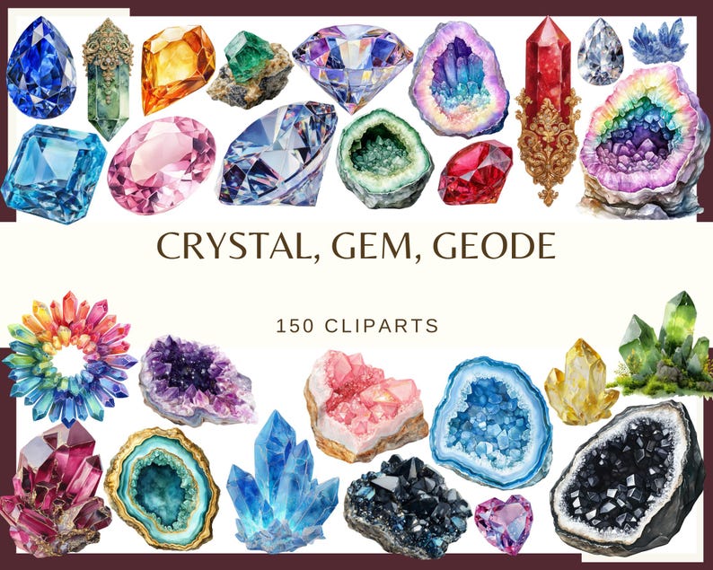Crystals, Gems, Geodes: 150 PNG, 300 DPI Healing Clipart, Mineral Art ...