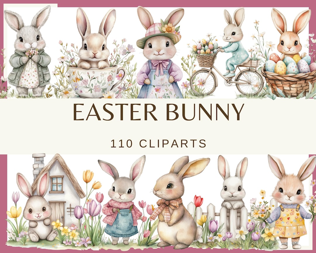 Easter Bunny Watercolor Clipart: 110 PNG Illustrations (commercial Use ...