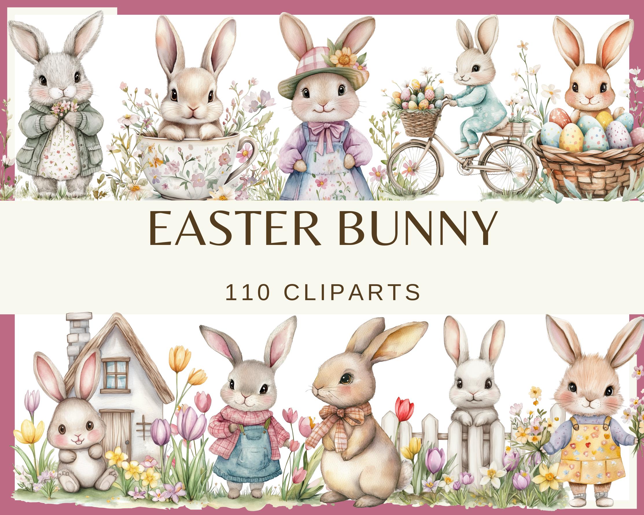 Easter Bunny Watercolor Clipart: 110 PNG Illustrations (commercial Use ...