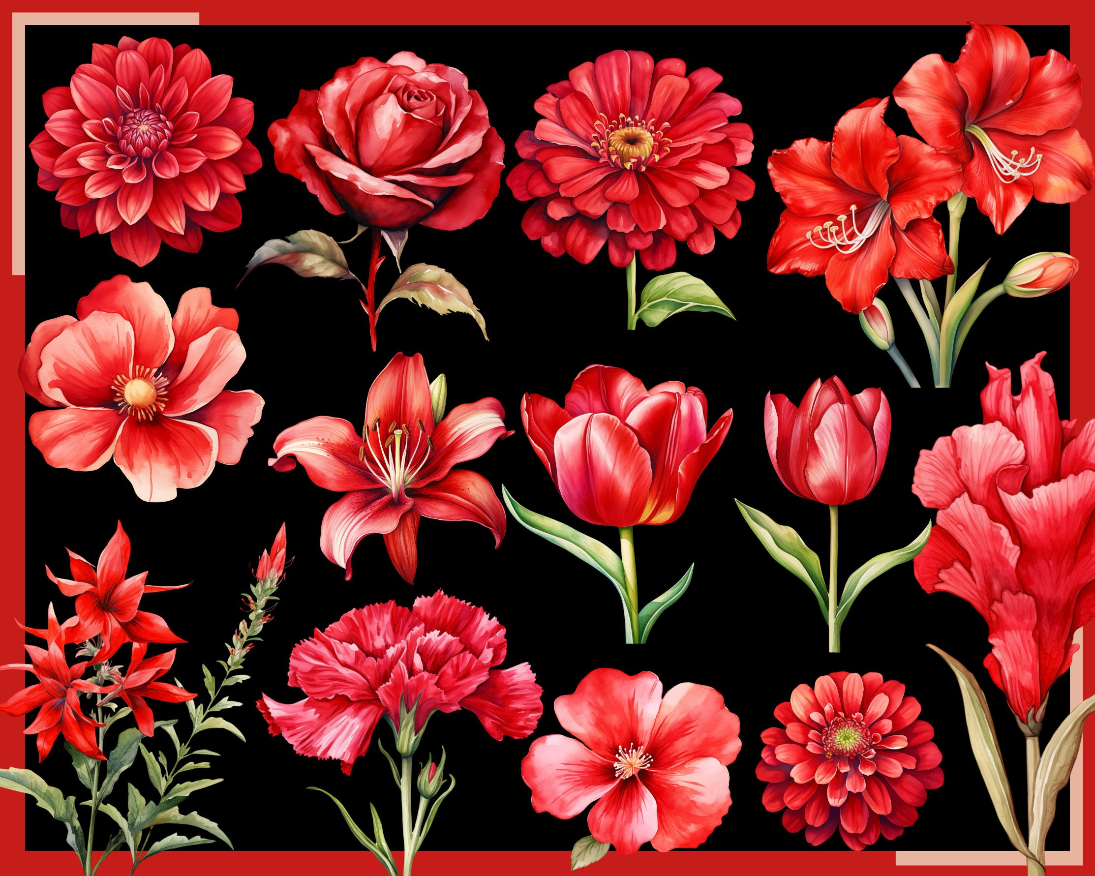 Red Flowers Clip Art: Floral PNG Bundle (100 Files) - Etsy