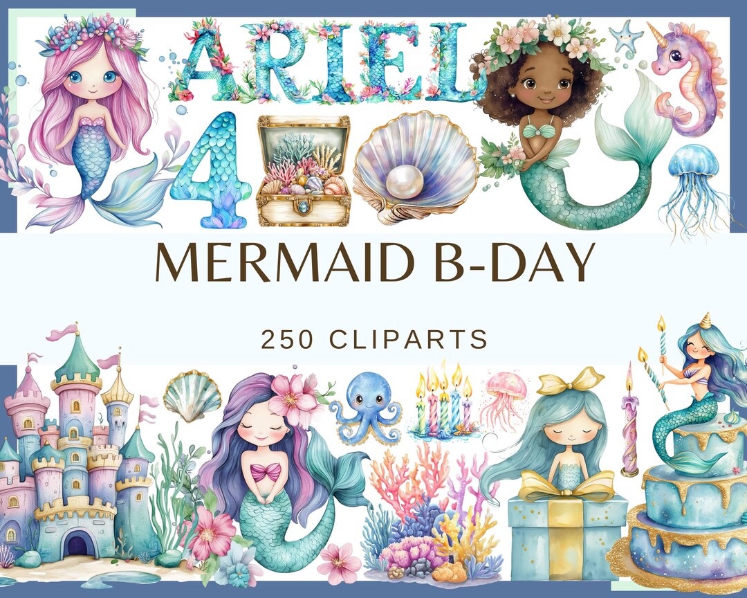Mermaid Birthday Party Clipart: Watercolor Under the Sea Graphics (250 ...