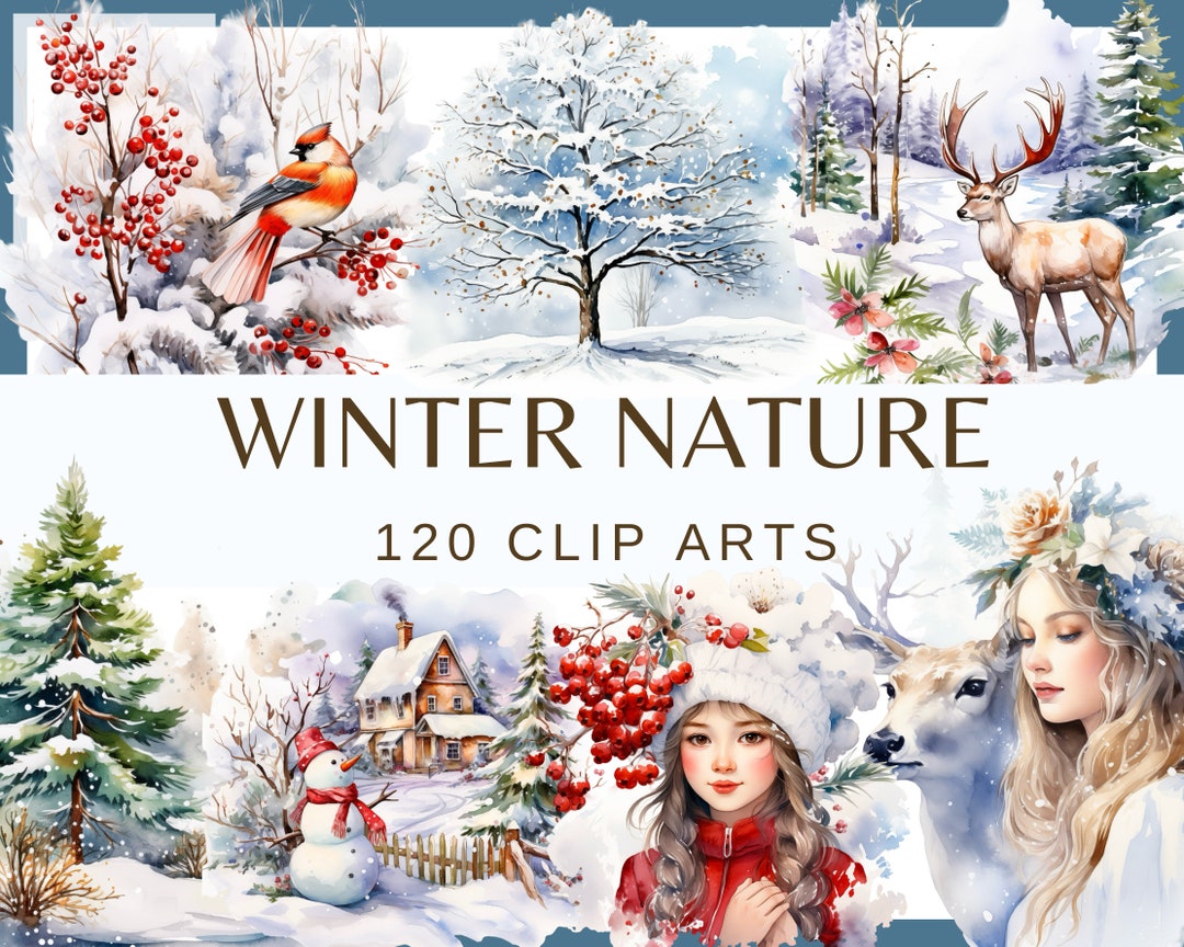 Winter Nature Clip Art Bundle: Watercolor Animals, Girls, Forest ...