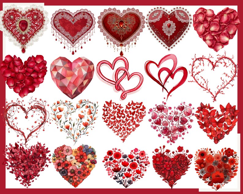 Red Hearts Clip Art: 100 PNG, 300 DPI Valentine's Day Graphics, Love ...