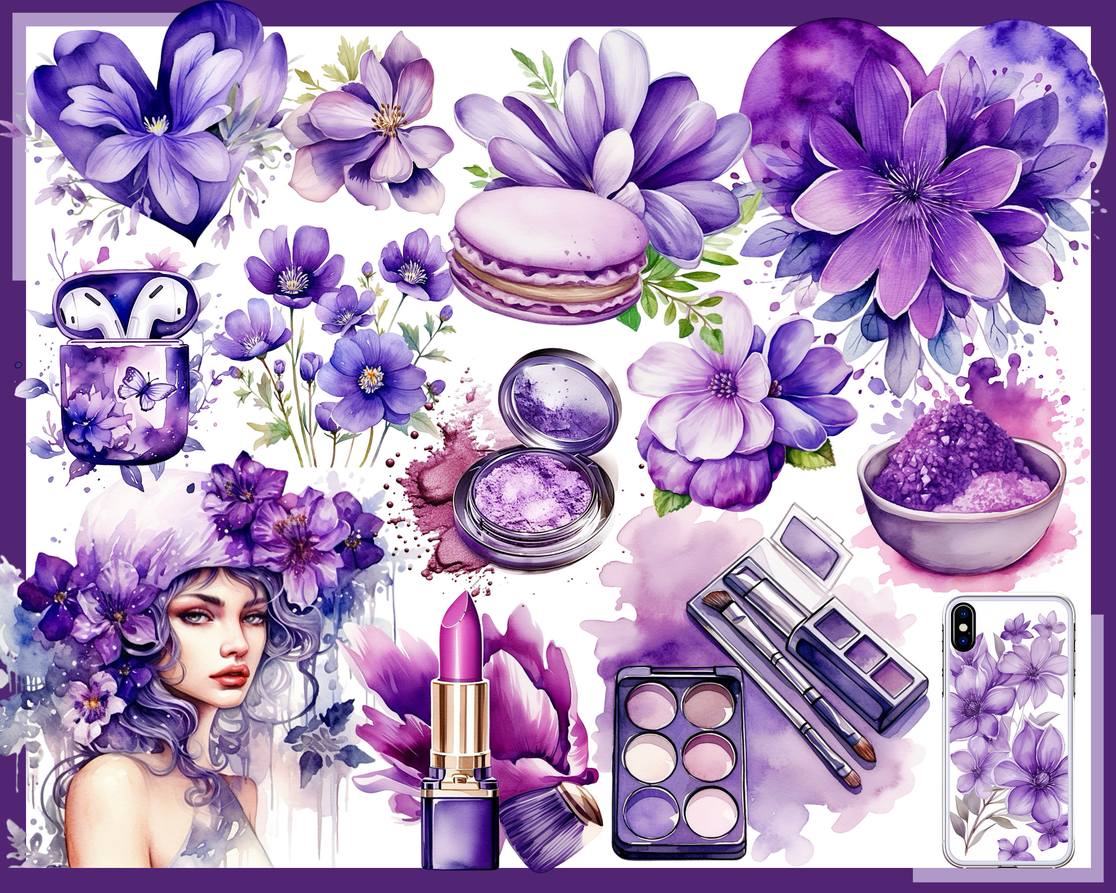 Violet Fashion Clipart: 120 Watercolor Graphics (PNG, 300 DPI) - Etsy