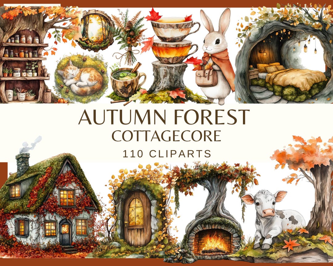 Autumn Forest Cottagecore Clipart: Watercolor Leaves, Animals (110 PNG ...