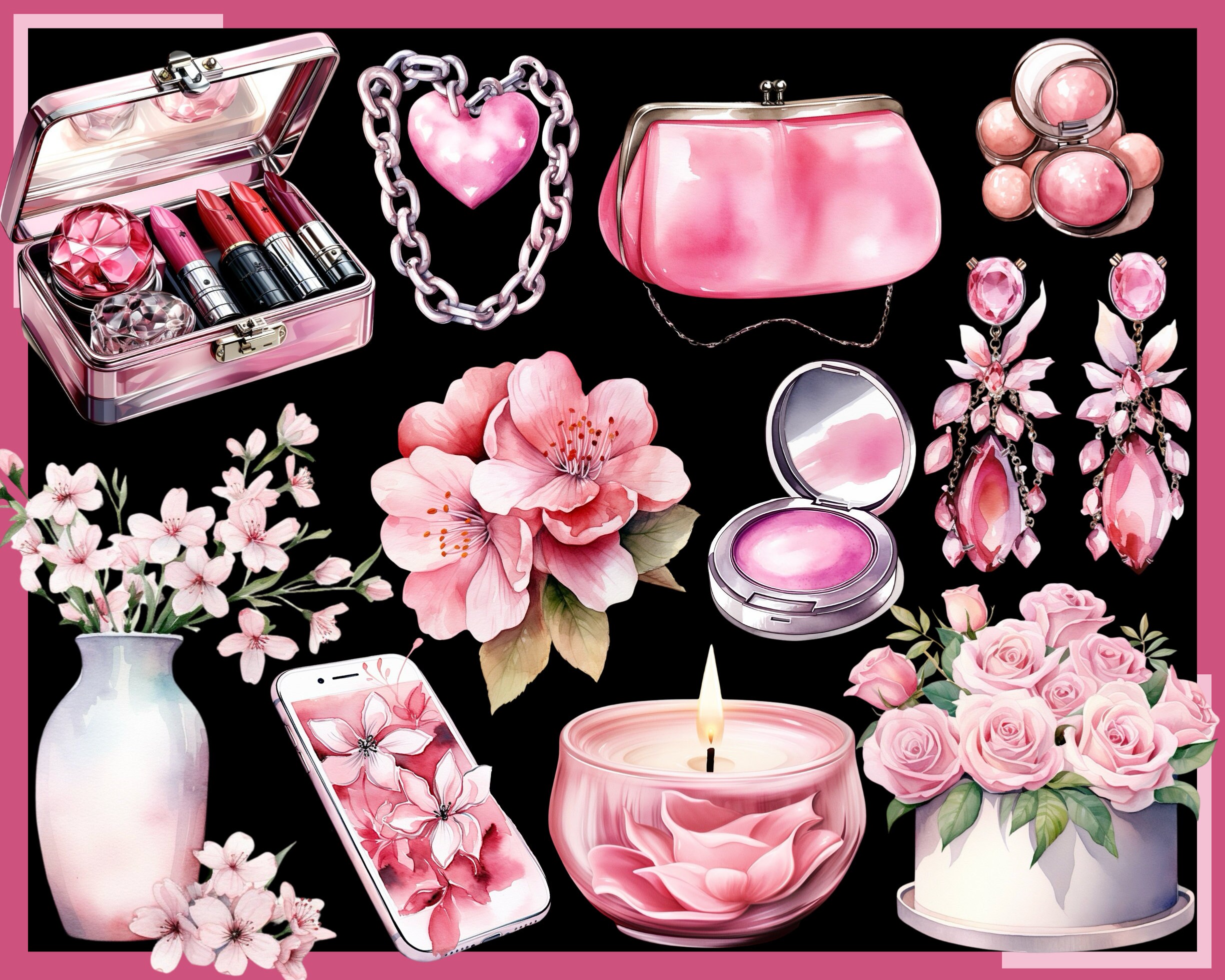 Pink Fashion Clipart: 100 Watercolor Graphics (PNG) - Etsy
