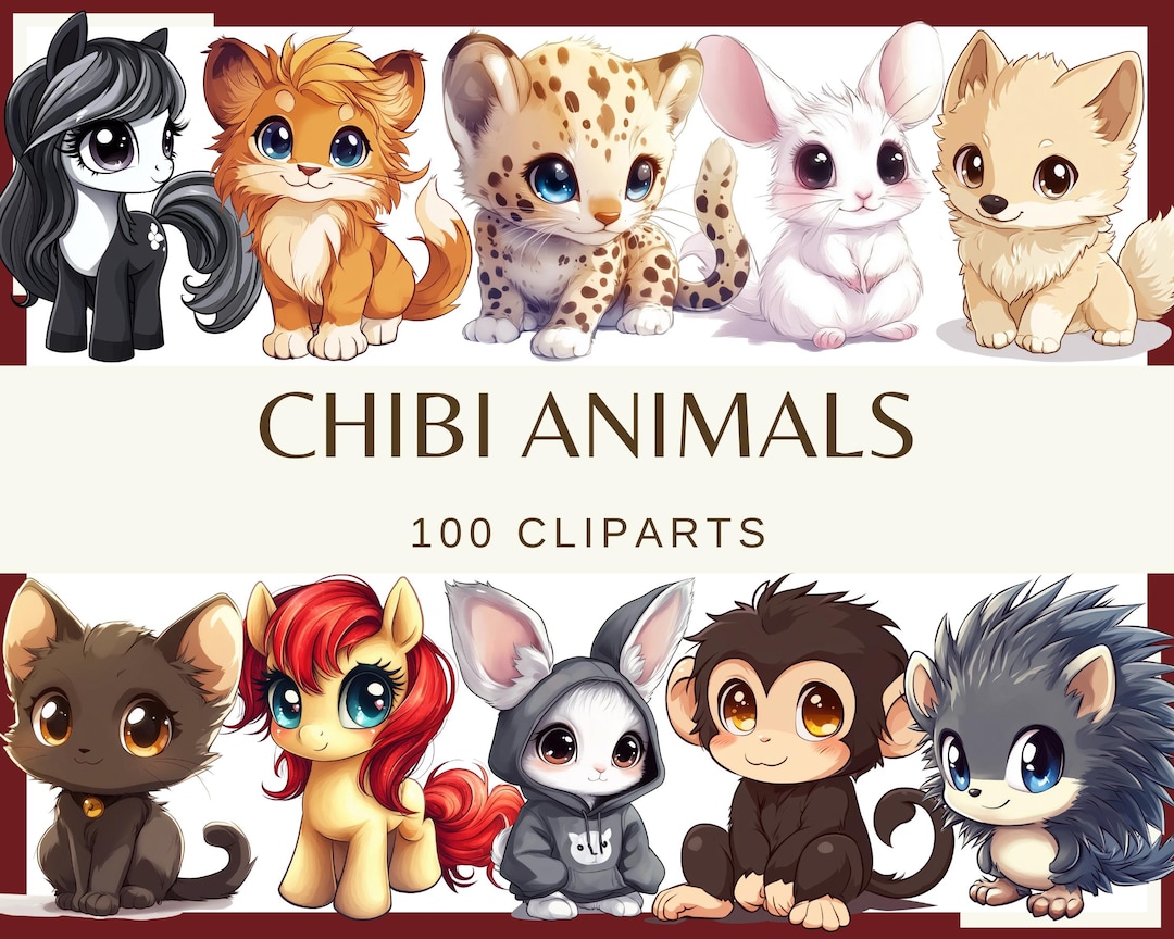 100 Watercolor Chibi Animals Clip Art: Cartoon PNG Stickers (300 DPI ...