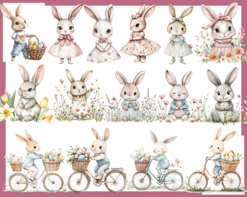 Easter Bunny Watercolor Clipart: 110 PNG Illustrations (commercial Use ...
