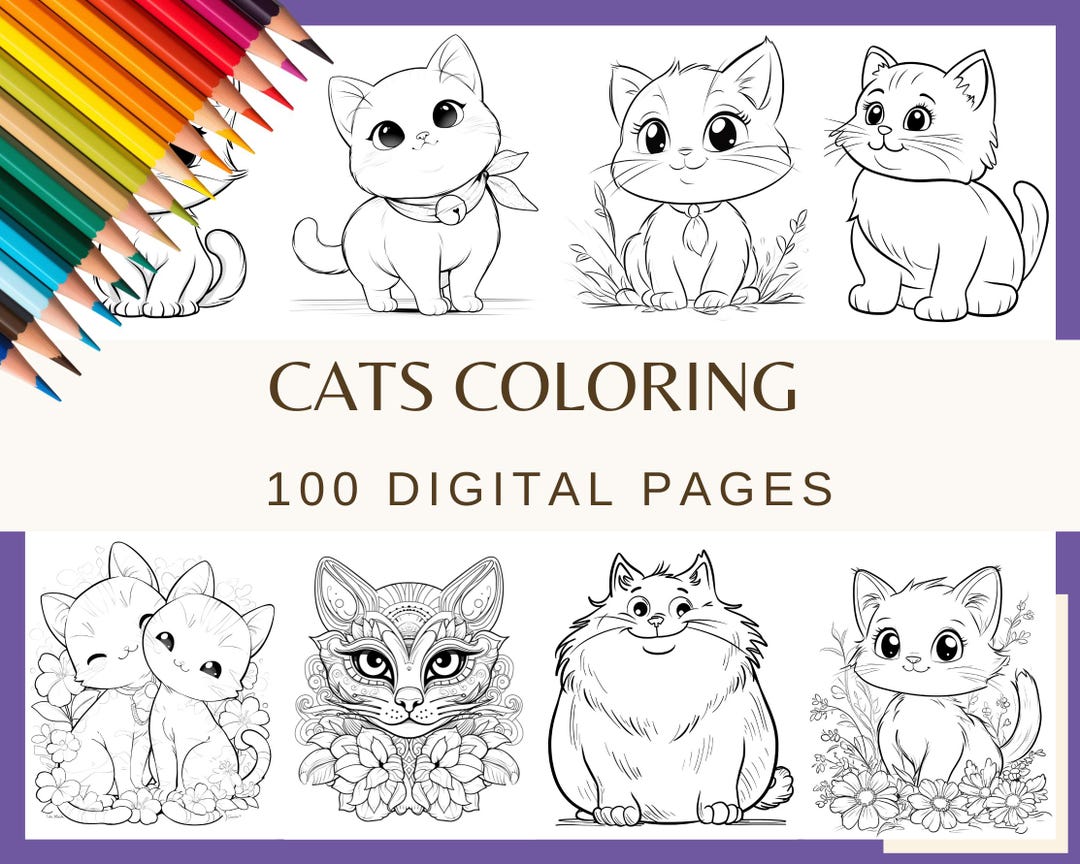 CATS COLORING PAGES - 100 Pages (funny Cute Kawaii Cat Kitten, Cat ...