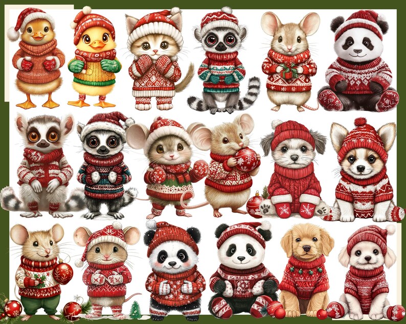 Christmas Animals in Sweaters Clip Art: 110 PNG Graphics (digital ...