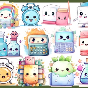 KAWAII SCHOOL SUPPLY - 110 Watercolor Clip Arts (png, 300 Dpi, Notebook ...