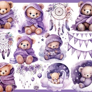 Violet Teddy Bear Watercolor Clipart: 100 PNG Nursery Graphics (digital ...