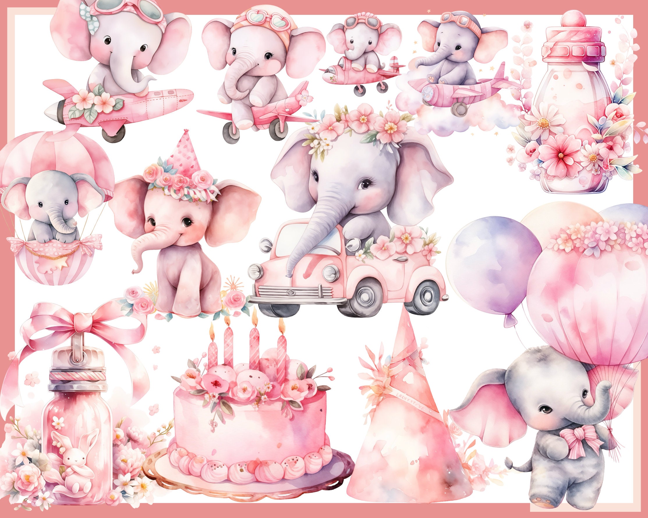Pink Baby Elephant Watercolor Clipart: 100 PNG Graphics (commercial Use ...