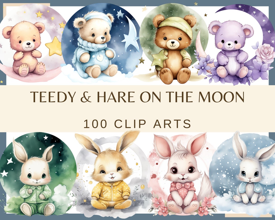 TEDDY-BEAR & HARE on the Moon - 100 Clip Arts (transparent Background ...