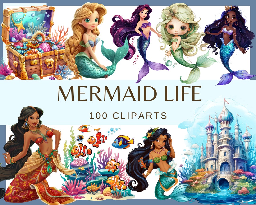 Mermaid Life: 100 PNG, 300 DPI Clipart Cartoon Sea Life Marine Princess ...