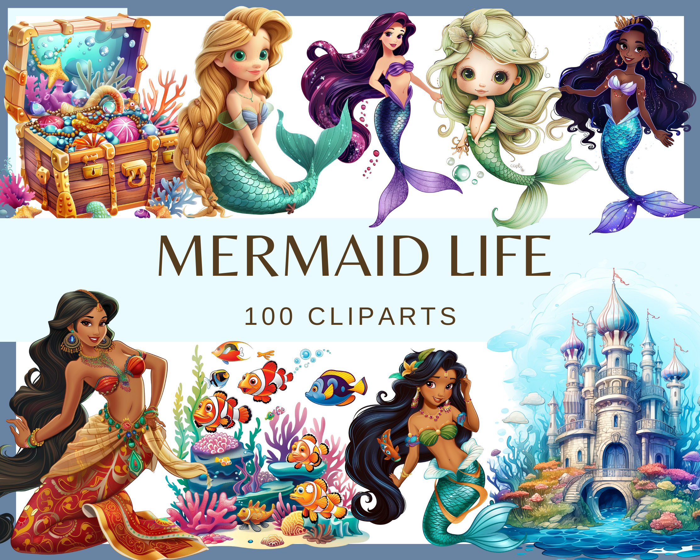 Mermaid Life: 100 PNG, 300 DPI Clipart Cartoon Sea Life Marine Princess ...