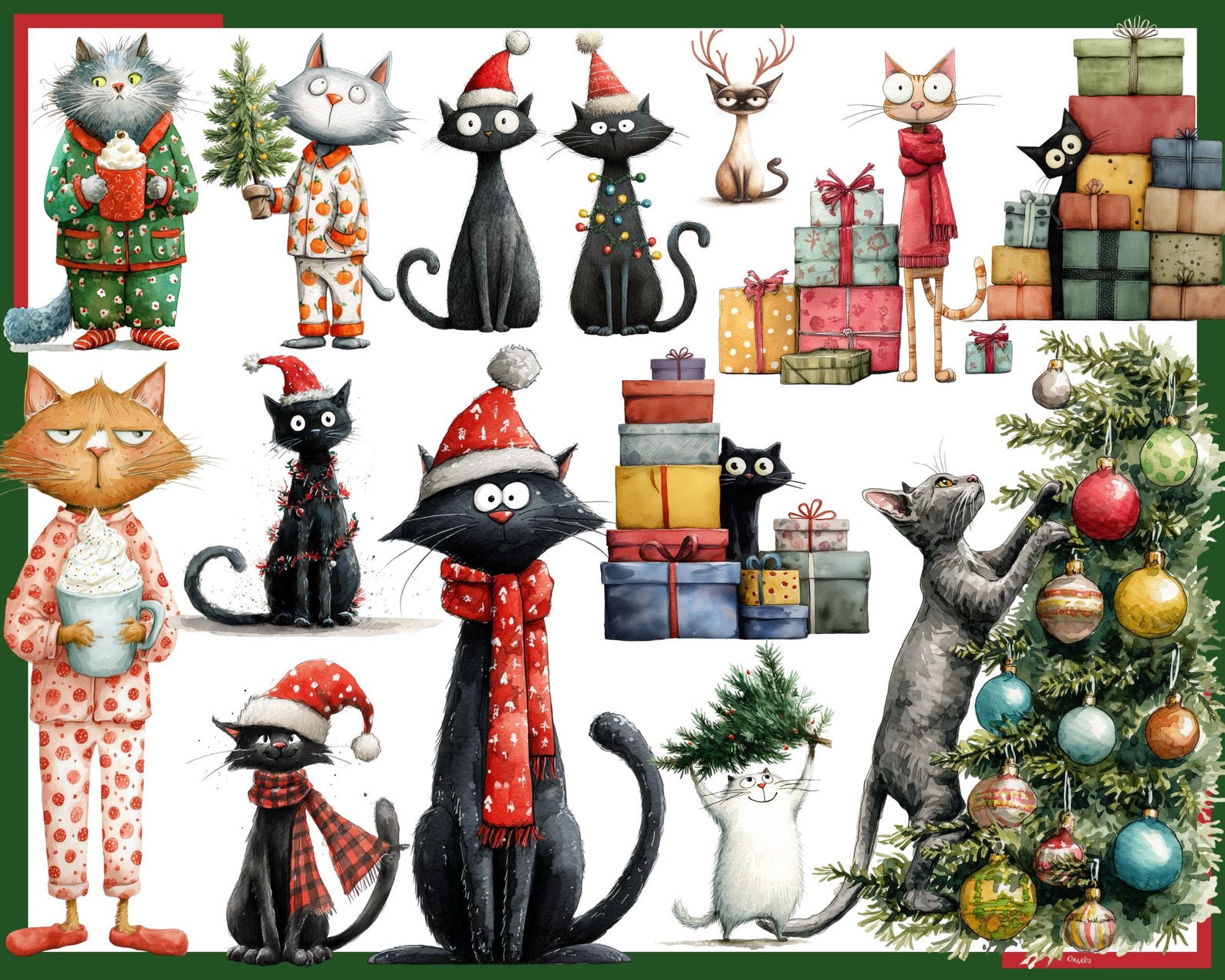 Quirky Christmas Cat: 160 PNG, 300 DPI | Funny Holiday Cat Illustration ...