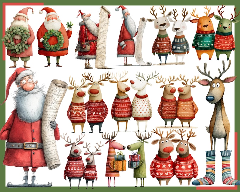 Quirky Santa and Reindeer Clipart: 110 PNG, 300 DPI | Funny Christmas ...