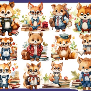 ANIMALS AT SCHOOL - 100 Watercolor Clip Arts (png, 300 Dpi, Notebook ...