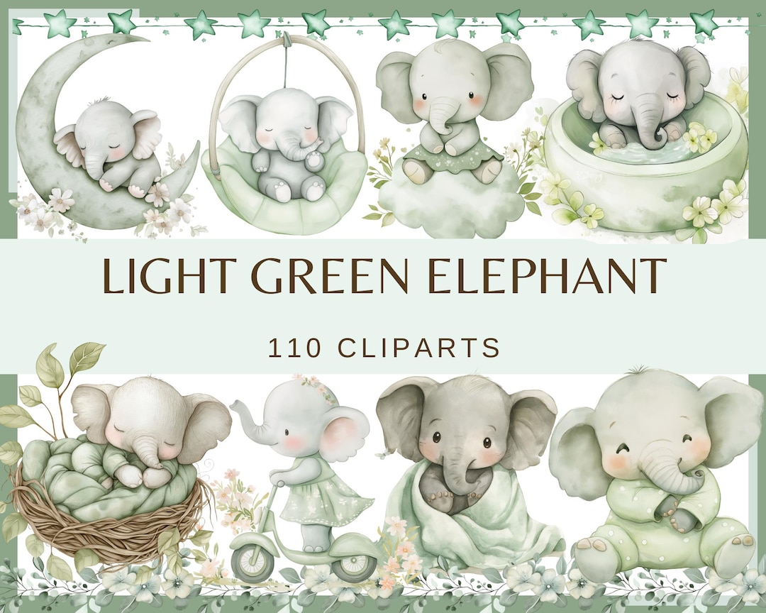Watercolor Elephant Clip Art: Light Green Nursery Decor (110 PNG) - Etsy