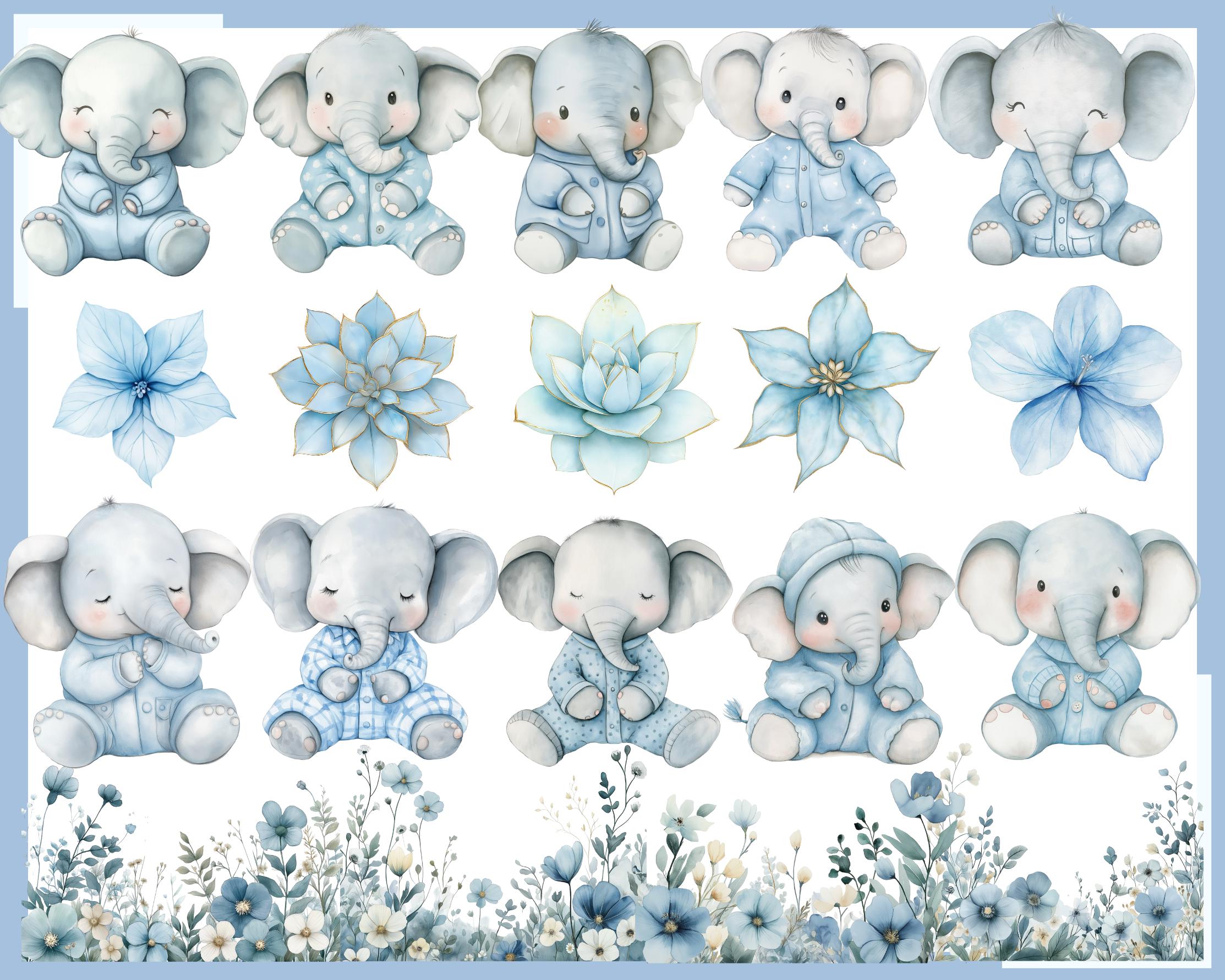Light Blue Elephant Watercolor Clipart: 130 PNG Graphics (commercial ...