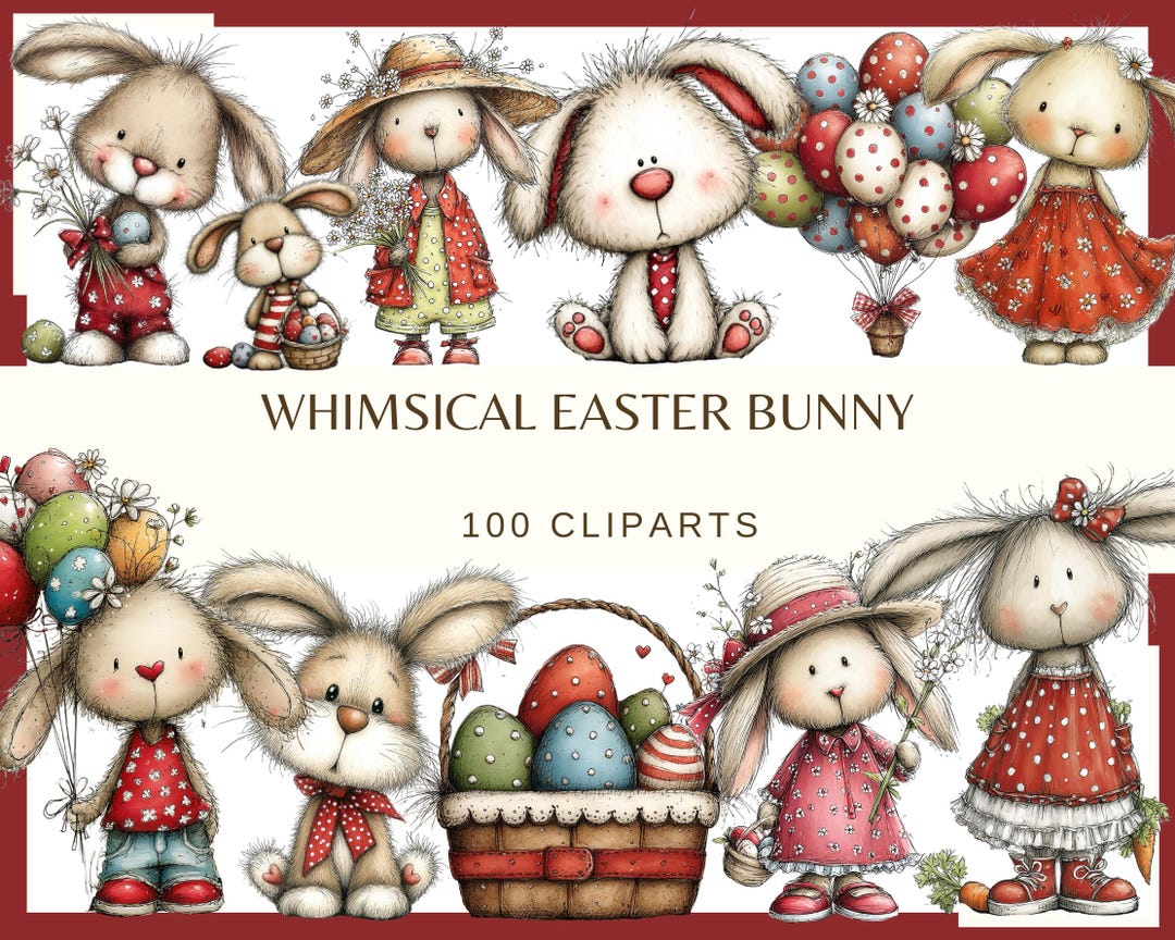 Whimsical Easter Bunny: 100 PNG, 300 DPI Quirky Clipart (commercial Use ...