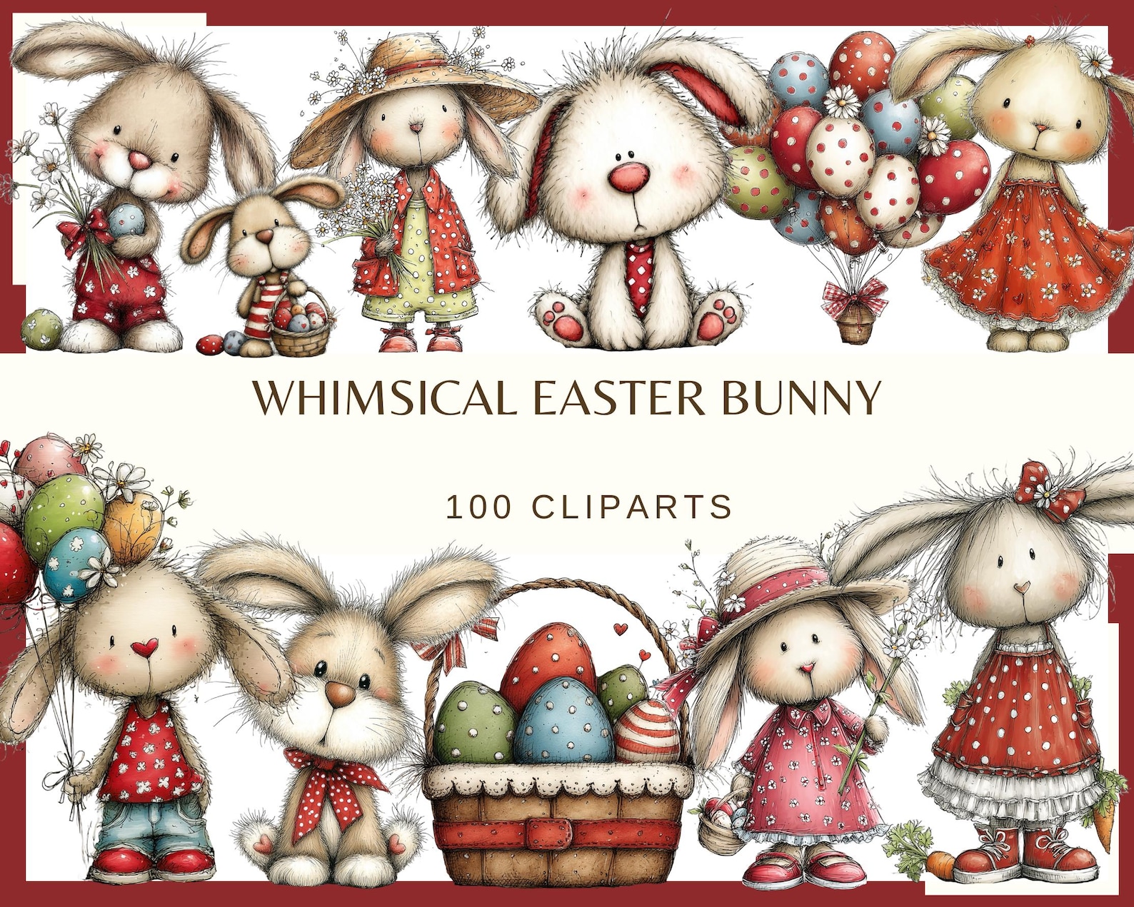 Whimsical Easter Bunny: 100 PNG, 300 DPI Quirky Clipart (commercial Use ...