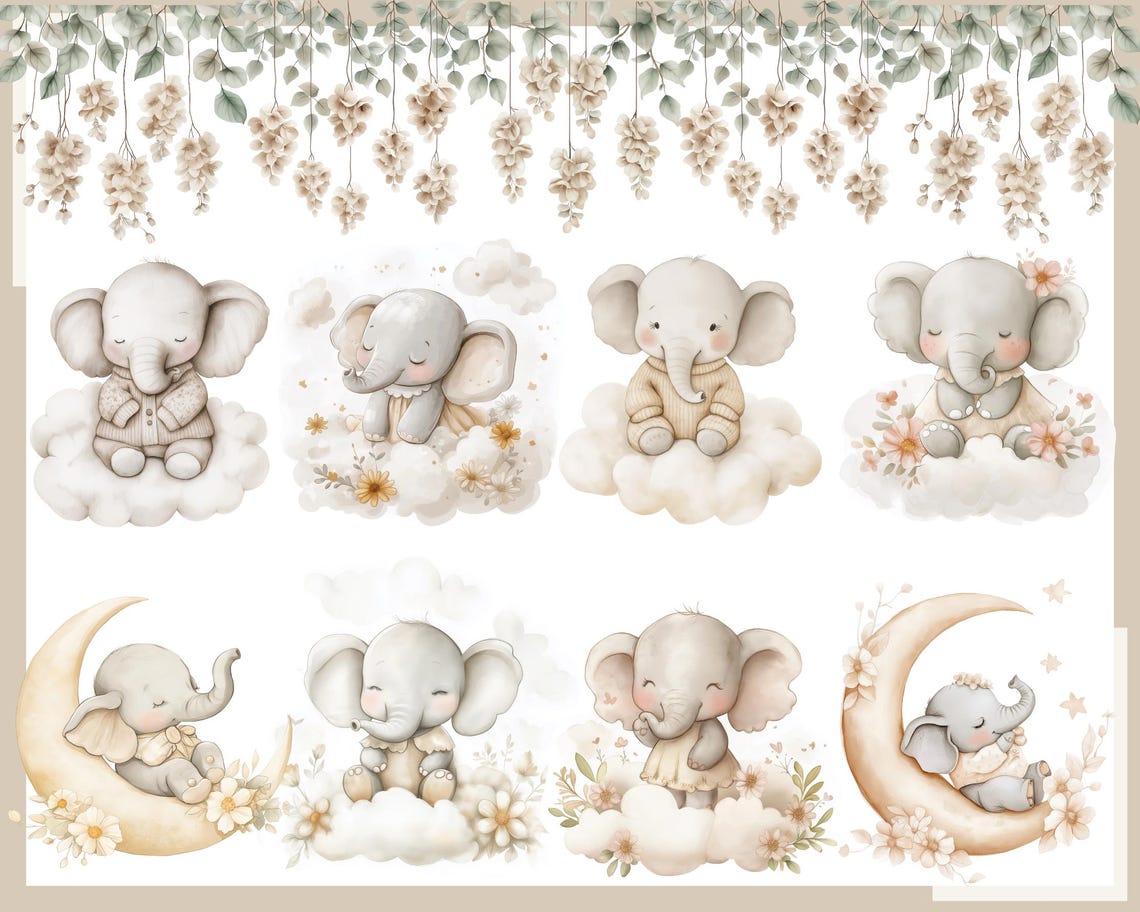 Watercolor Elephant Clip Art: Light Beige, 110 PNG Images (commercial ...