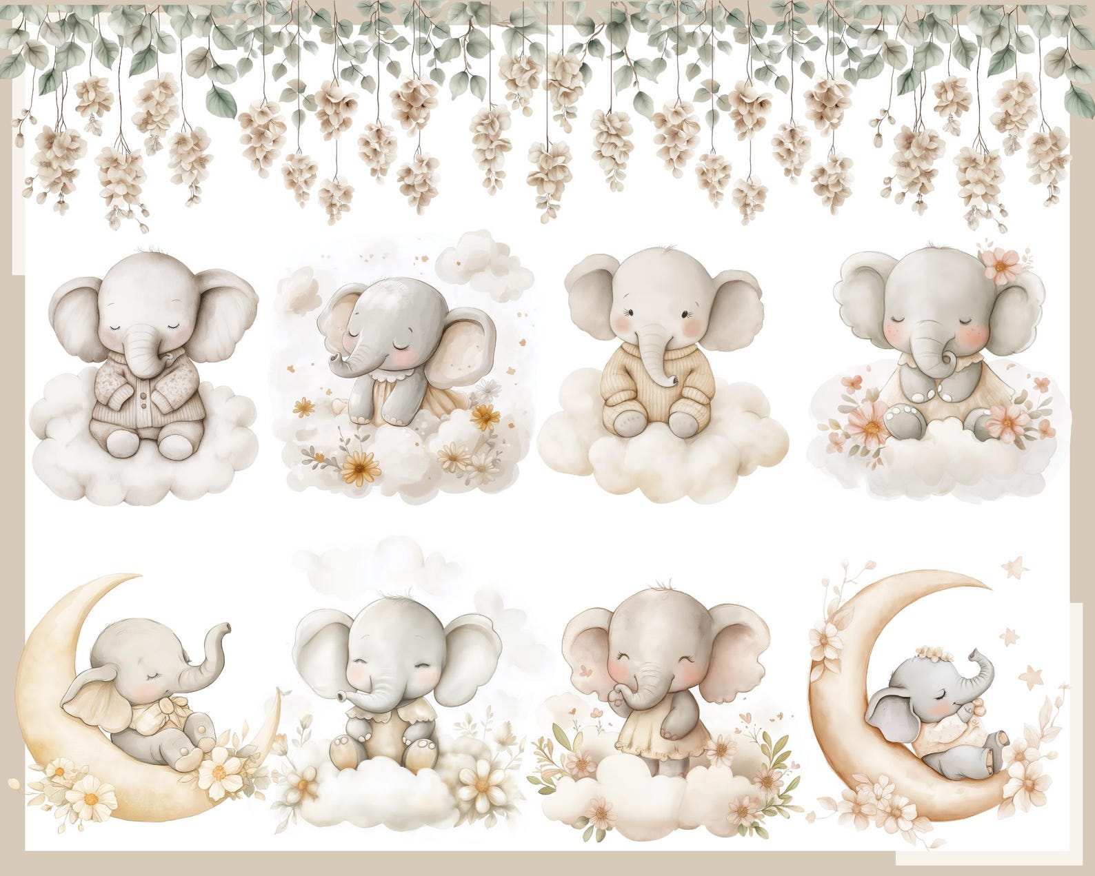 Watercolor Elephant Clip Art: Light Beige, 110 PNG Images (commercial ...