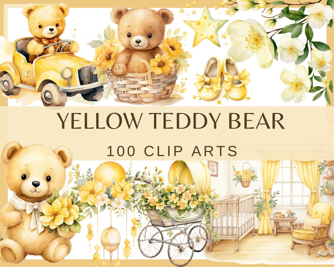 Yellow Teddy Bear Watercolor Clipart: 100 PNG Graphics (commercial Use ...