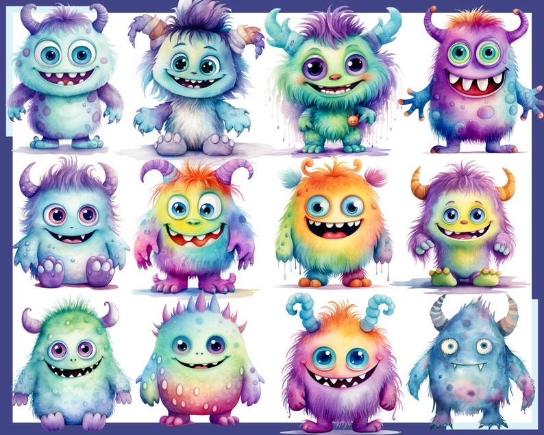 CUTE MONSTERS - 110 Watercolor Clip Arts ( 300 Dpi, Fantasy Monsters ...