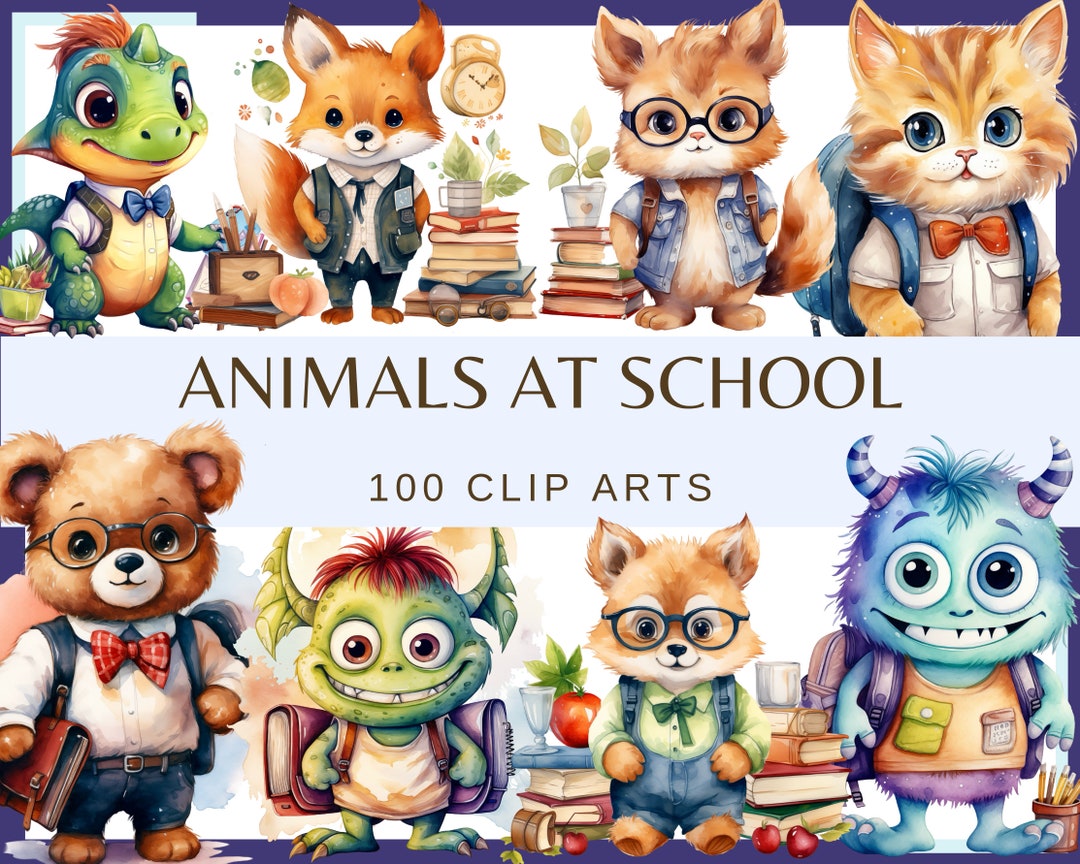 ANIMALS AT SCHOOL - 100 Watercolor Clip Arts (png, 300 Dpi, Notebook ...