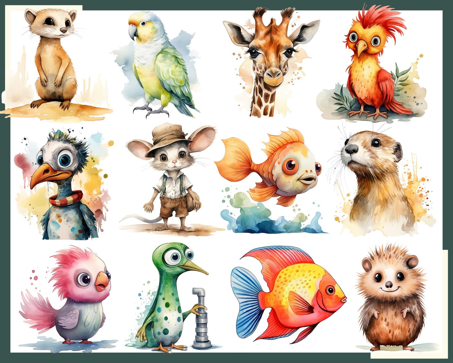 FUNNY ANIMALS - 100 Clip Arts (300 Dpi, Cute Animals, Birds, Fish, Frog ...