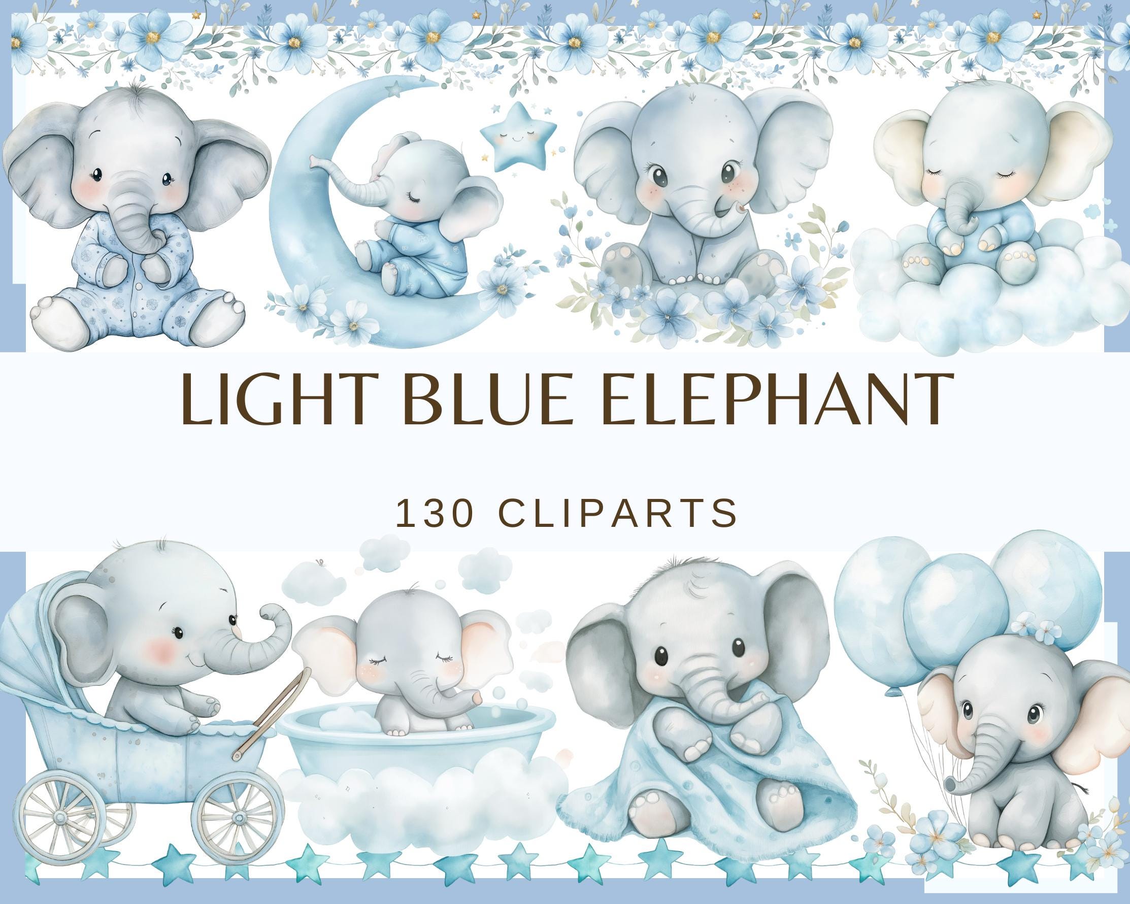 Light Blue Elephant Watercolor Clipart: 130 PNG Graphics (commercial ...