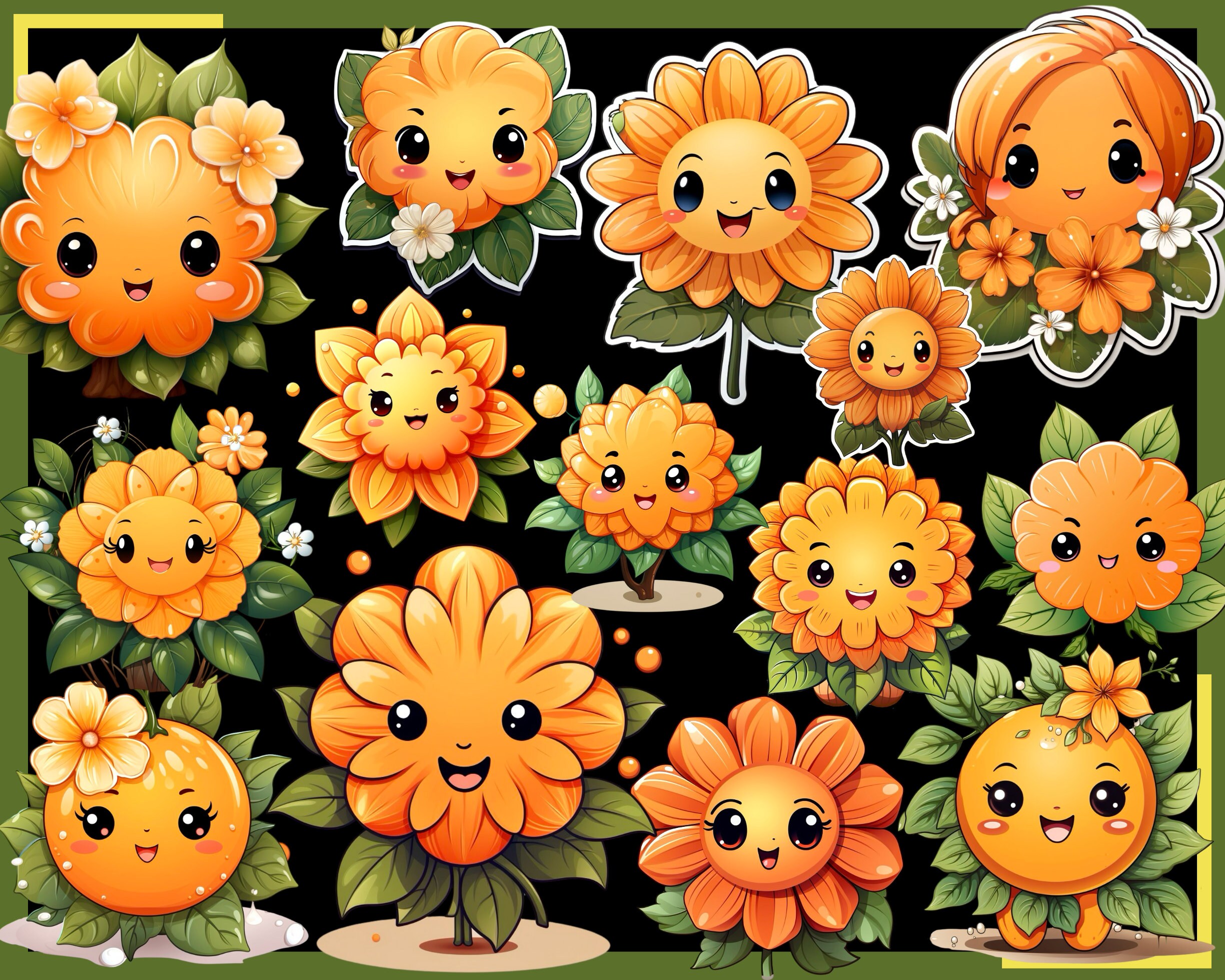 CUTE KAWAII FLOWERS - 100 Clip Arts (300 Dpi, Flower, Transparent ...