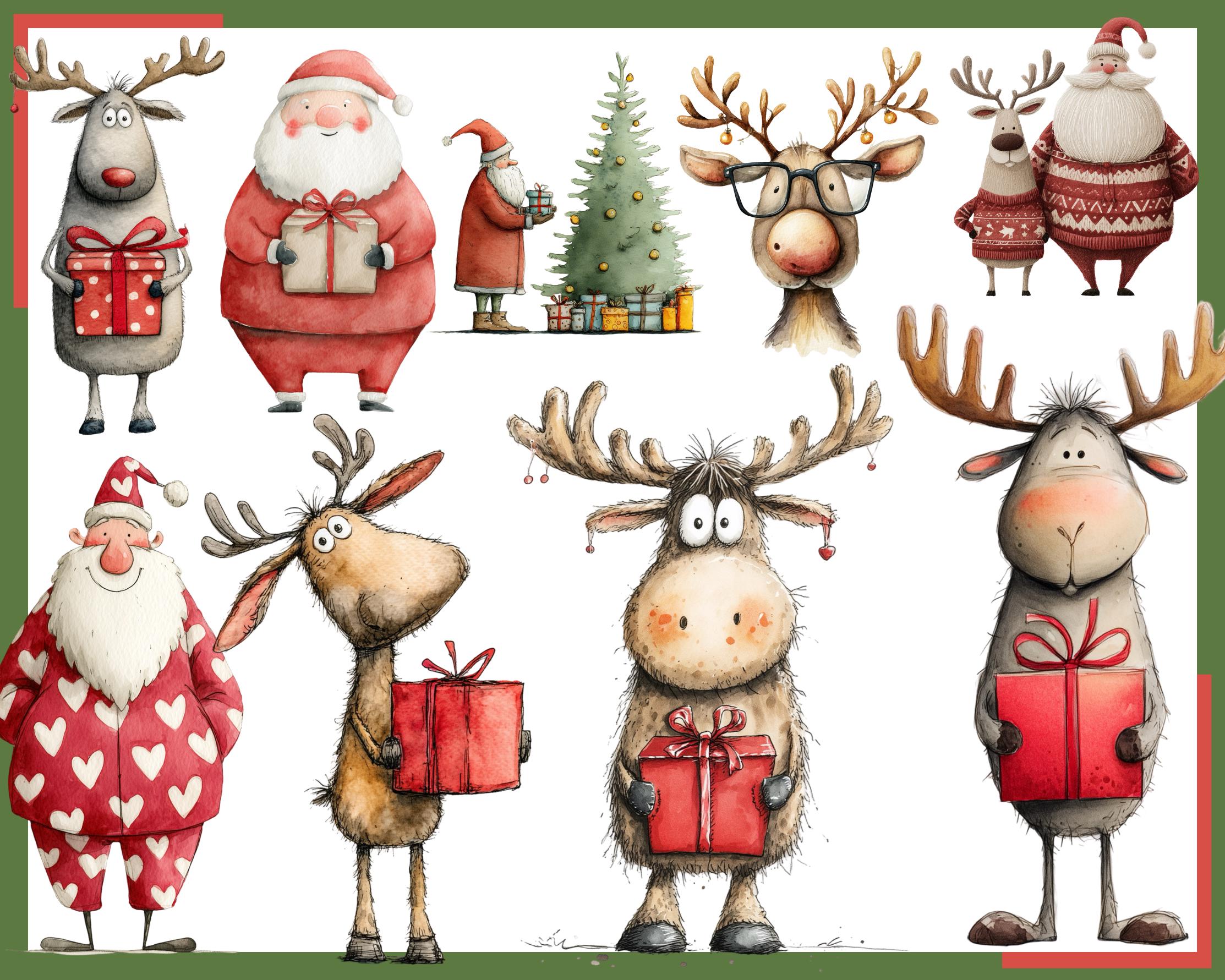 Quirky Santa and Reindeer Clipart: 110 PNG, 300 DPI | Funny Christmas ...