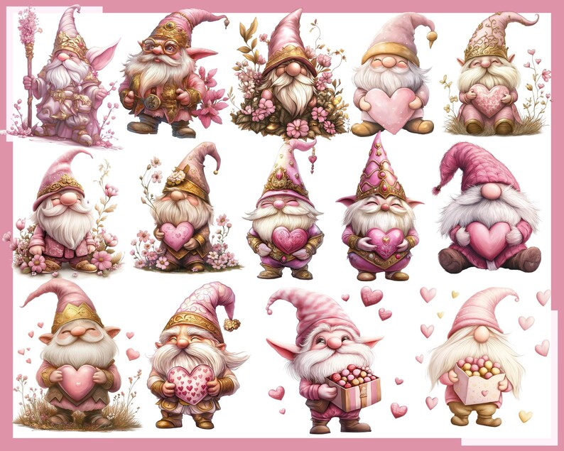 Pink & Grey Valentine Gnomes Clip Art: 100 PNG, 300 DPI Graphics Love ...