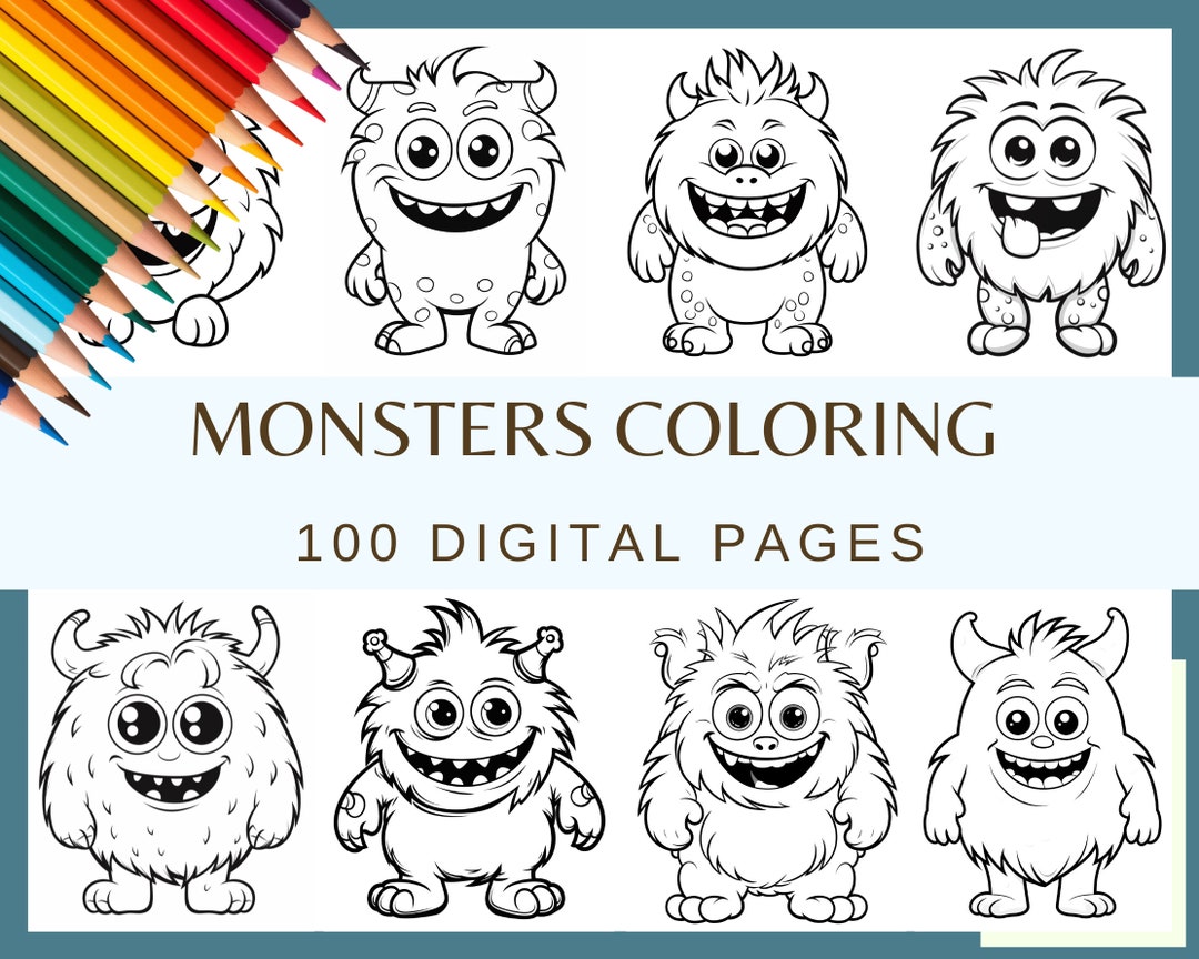 100 Kawaii Monsters Coloring Pages: Kid's Digital Paper (digital ...