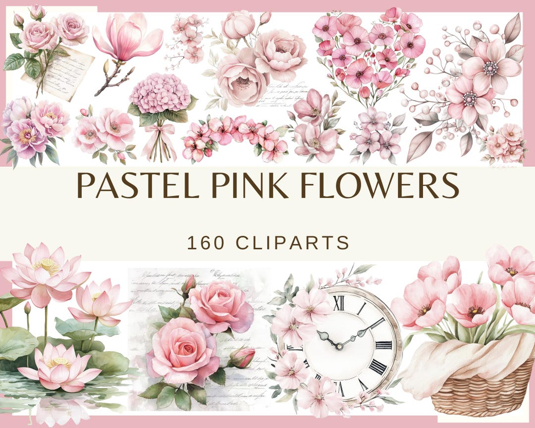 Pastel Pink Flower Clipart Set: 160 PNG Floral Graphics (commercial Use ...