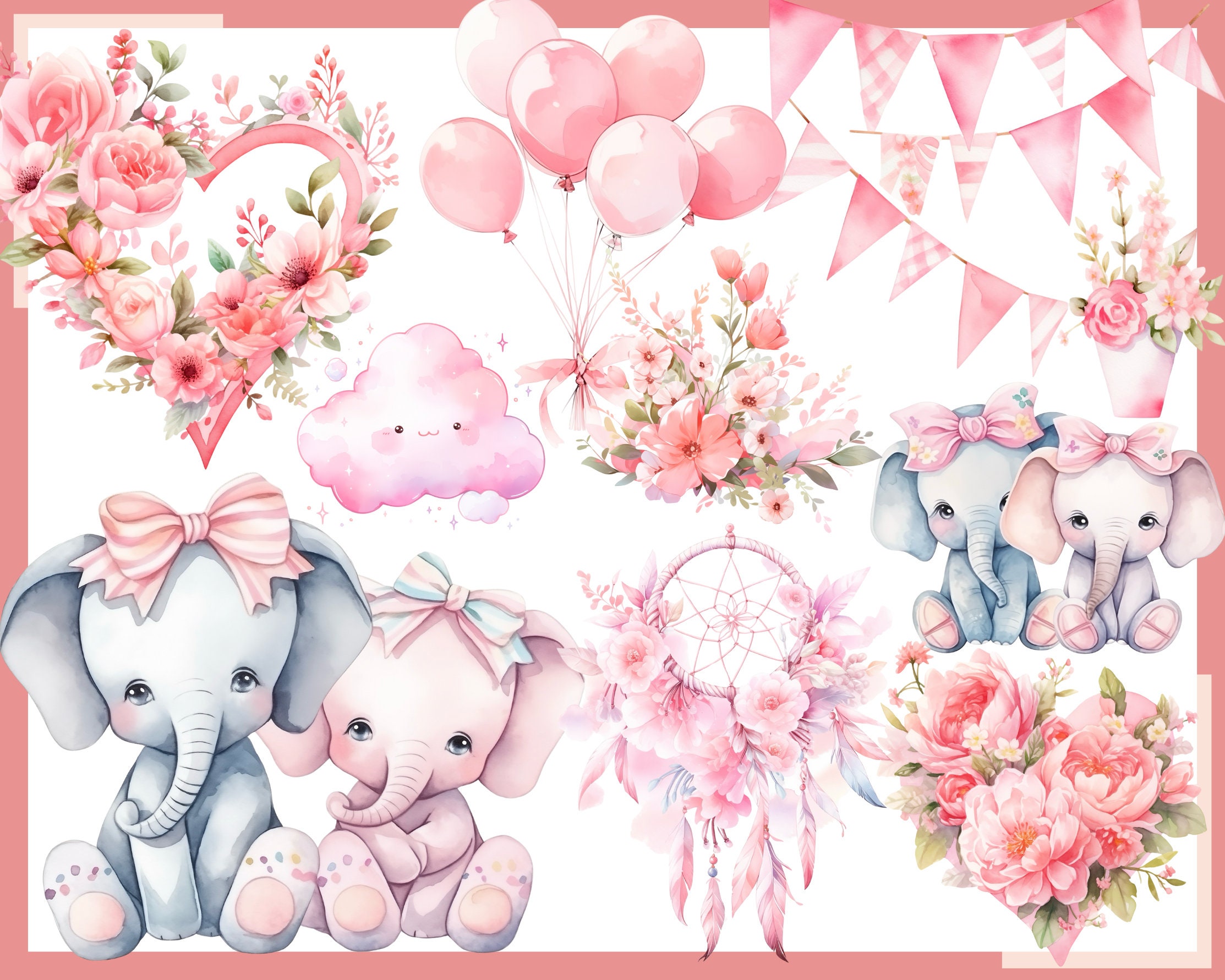 Pink Baby Elephant Watercolor Clipart: 100 PNG Graphics (commercial Use ...