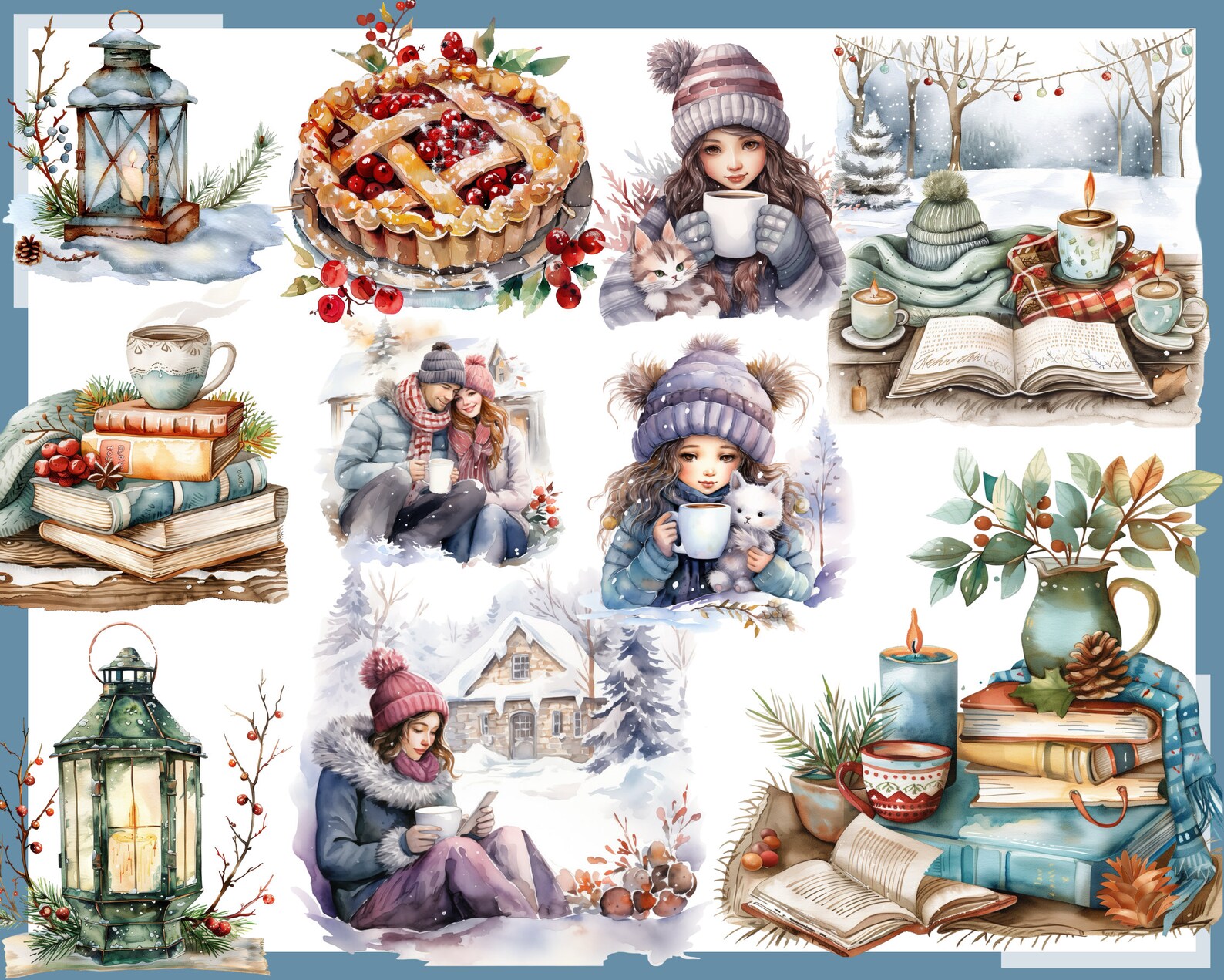Cosy Winter Watercolor Clipart Bundle: 100 PNG Graphics (digital ...