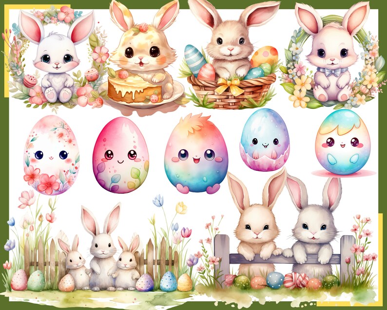 CUTE KAWAII EASTER - 100 Watercolor Clip Arts (transparent Background ...