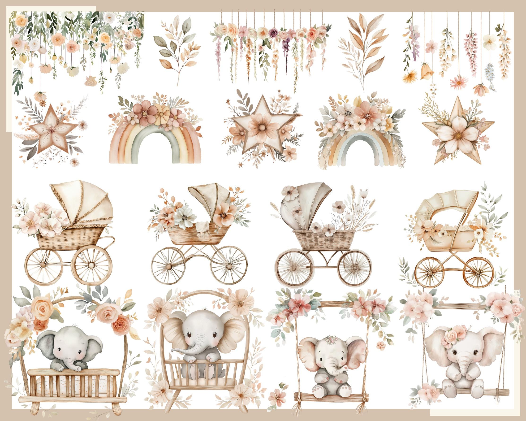 Beige Boho Baby Elephant Watercolor Clipart (PNG 300 Dpi) - Etsy