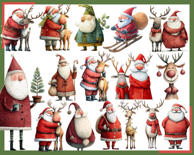 Quirky Santa and Reindeer Clipart: 110 PNG, 300 DPI | Funny Christmas ...