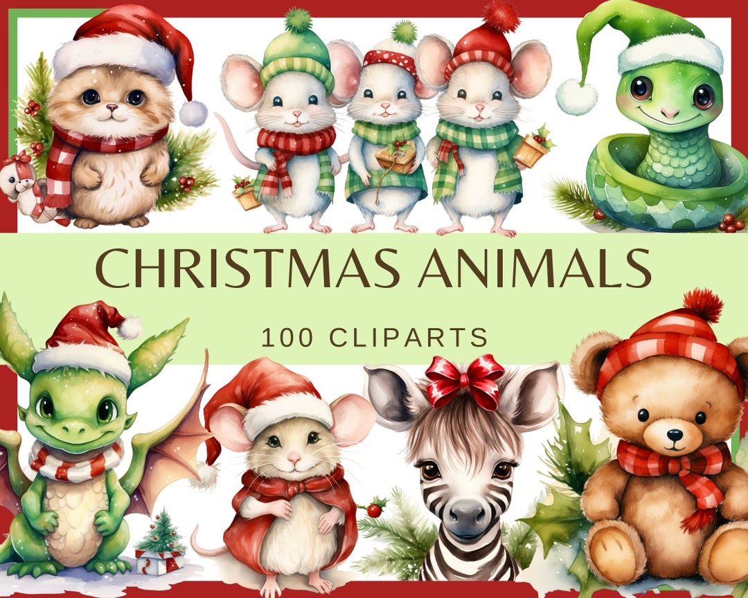 CHRISTMAS ANIMALS - 100 Clip Arts (300 Dpi, Lama, Hamster, Zebra, Panda ...