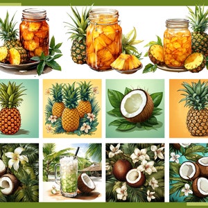 COCONUT & PINEAPPLE COLLECTION - 100 Clip Arts and 10 Patterns (300 Dpi ...
