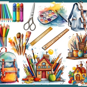 Watercolor School Supply Clip Art: 100 PNG Graphics (digital Download ...