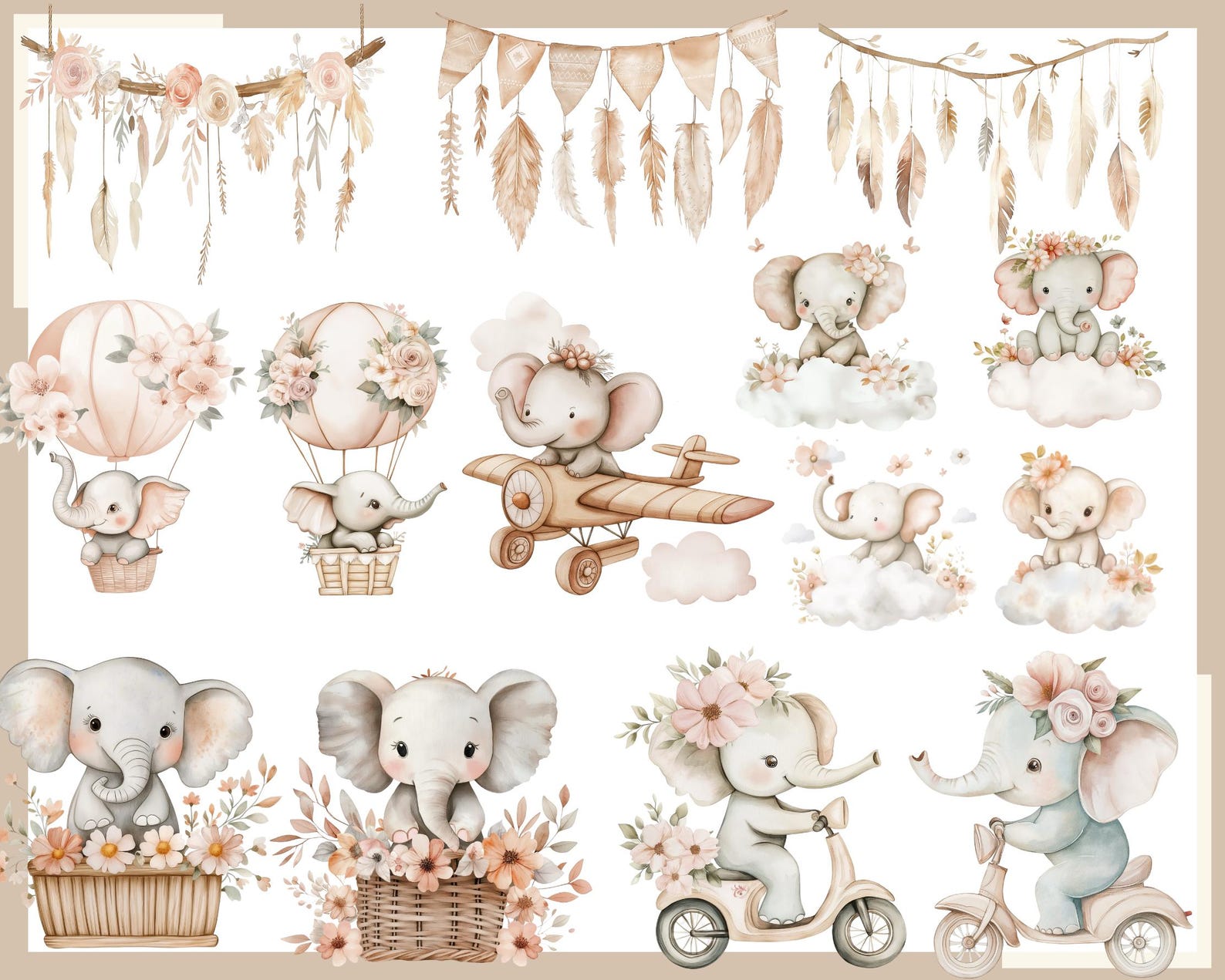Beige Boho Baby Elephant Watercolor Clipart (PNG 300 Dpi) - Etsy